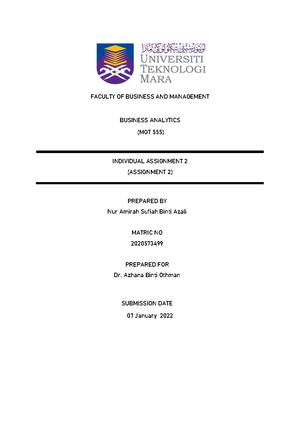 Individual Assignment 2 MGT555.docx - MGT 555 BUSINESS ANALYTICS Individual Assignment (Task ...
