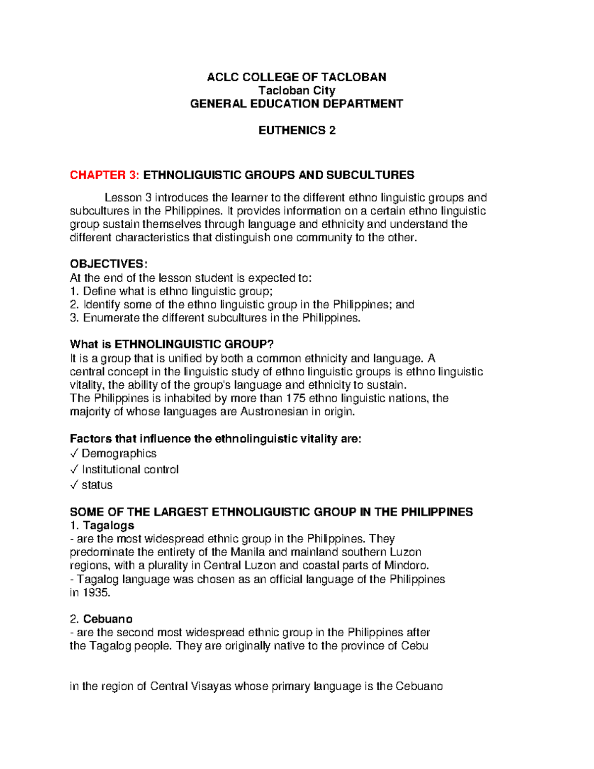 Chapter-3 - Practice material - ACLC COLLEGE OF TACLOBAN Tacloban City GENERAL EDUCATION ...