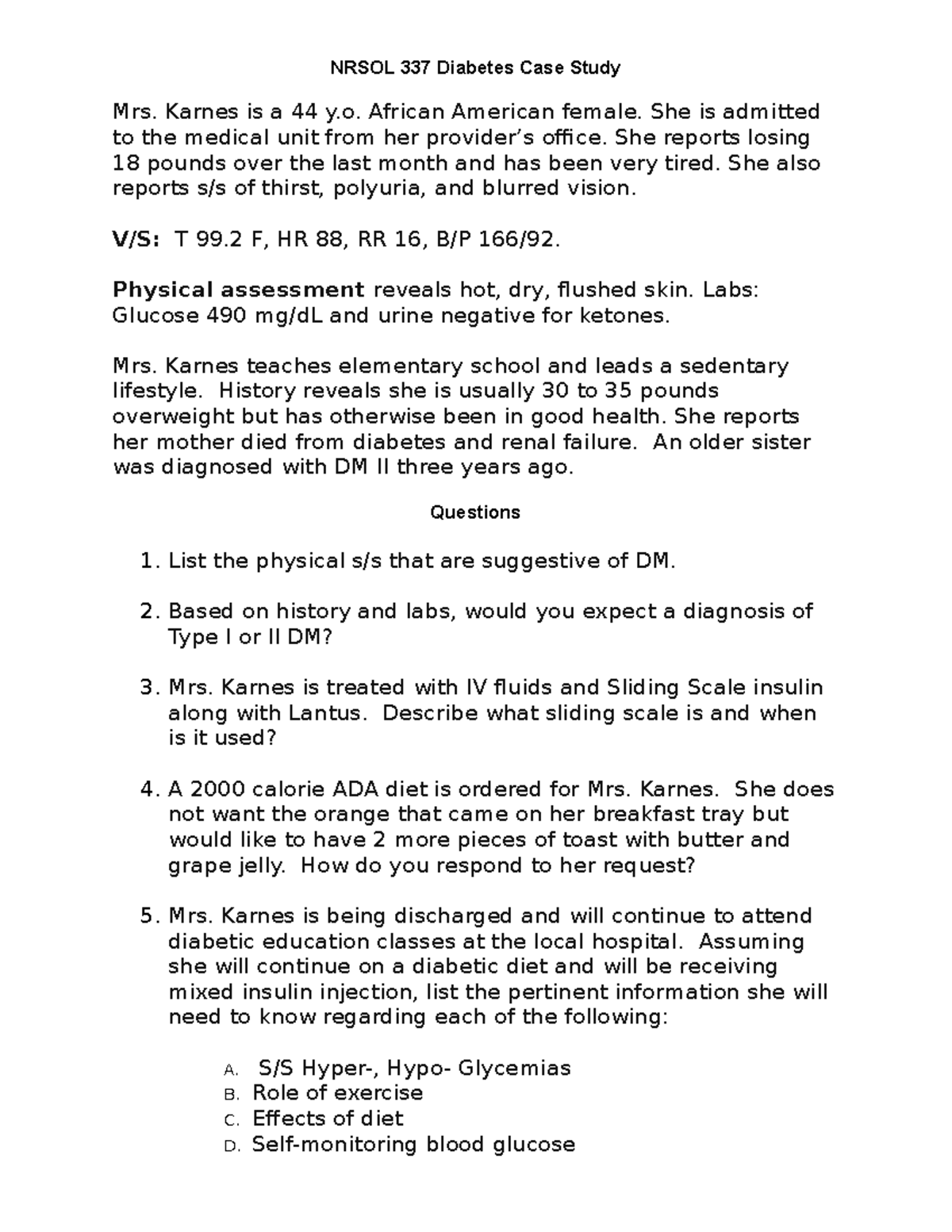 Nrsol 337 Health Assessment Diabetes Case Study - NRSOL 337 Diabetes ...