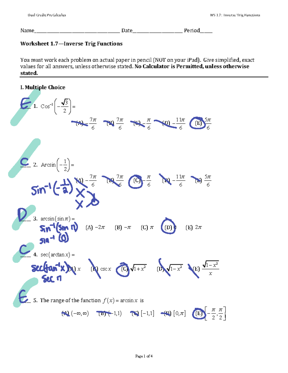 Double Dual 1.7 Inverse Trig Functions WS - Page 1 of 4 - Studocu