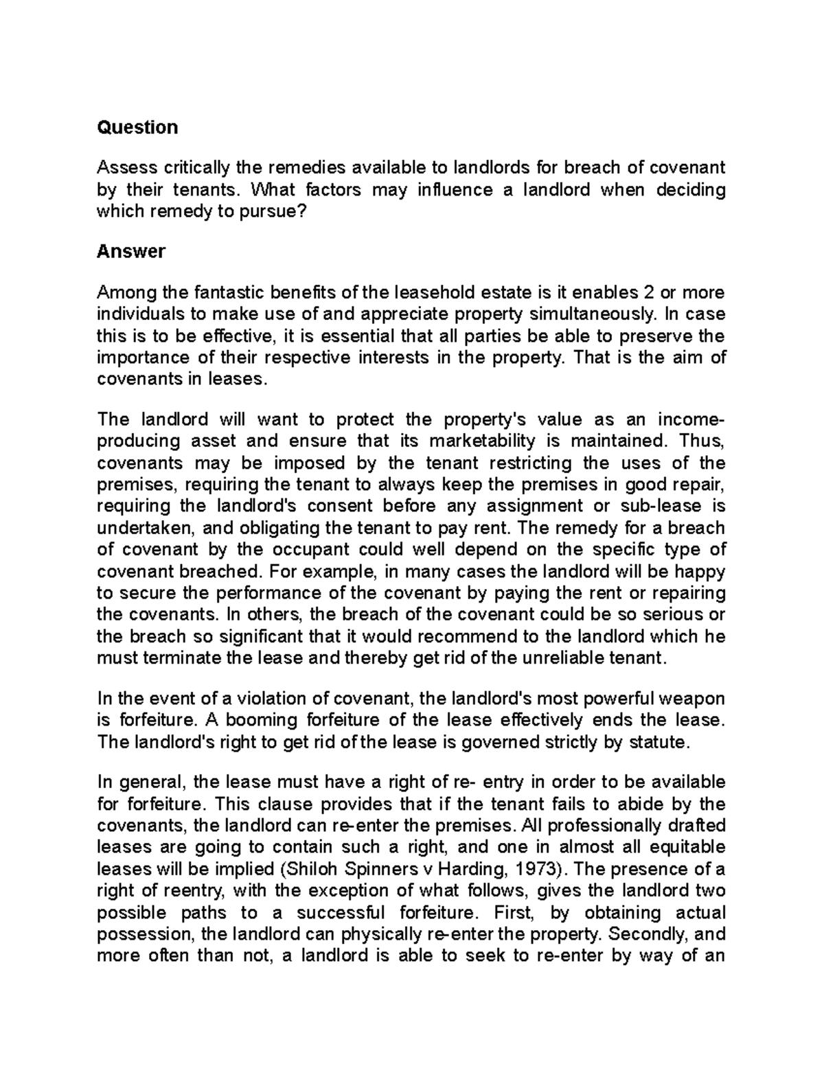 Leases Essay - Question Assess critically the remedies available to ...