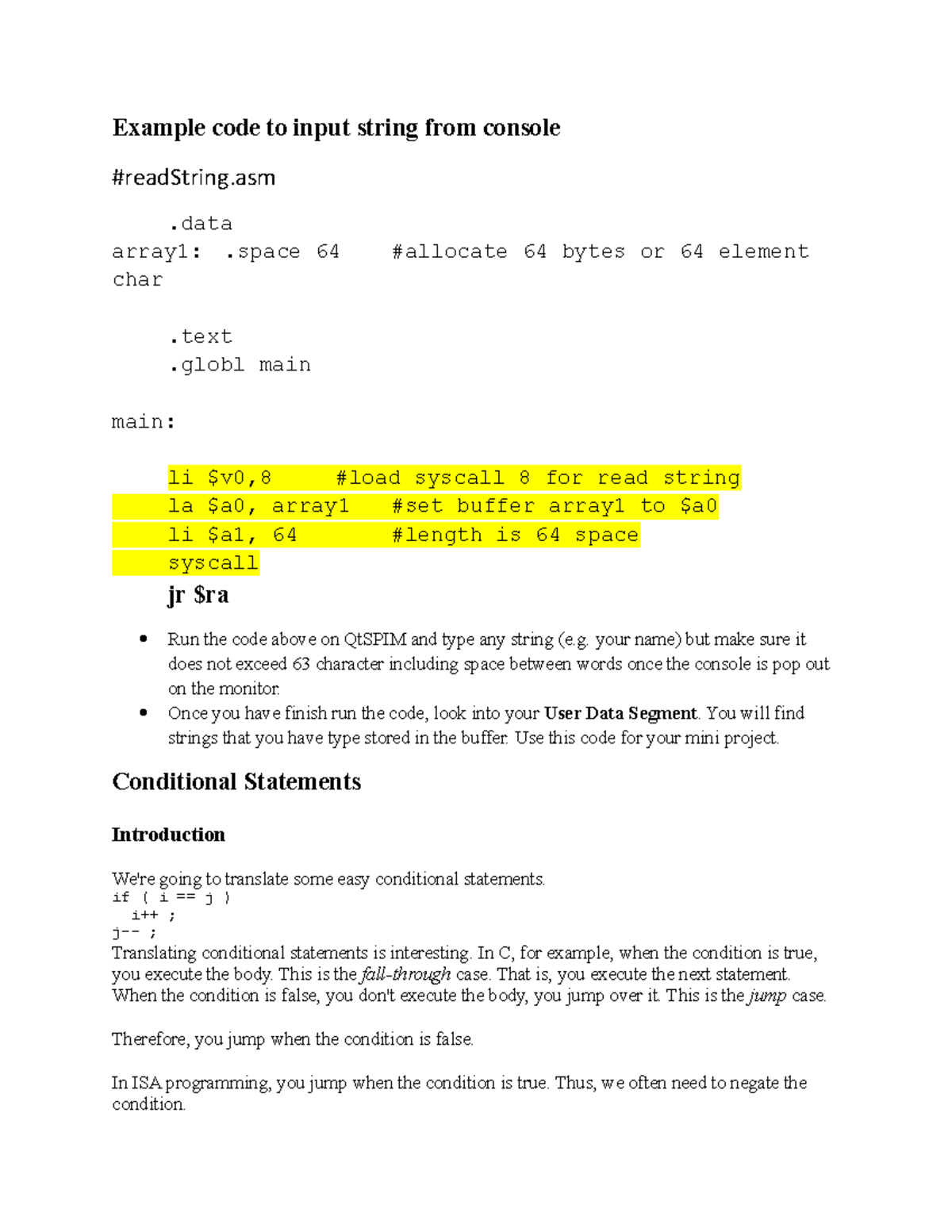 MIPS - Conditional Statements - stud ver - Example code to input string ...