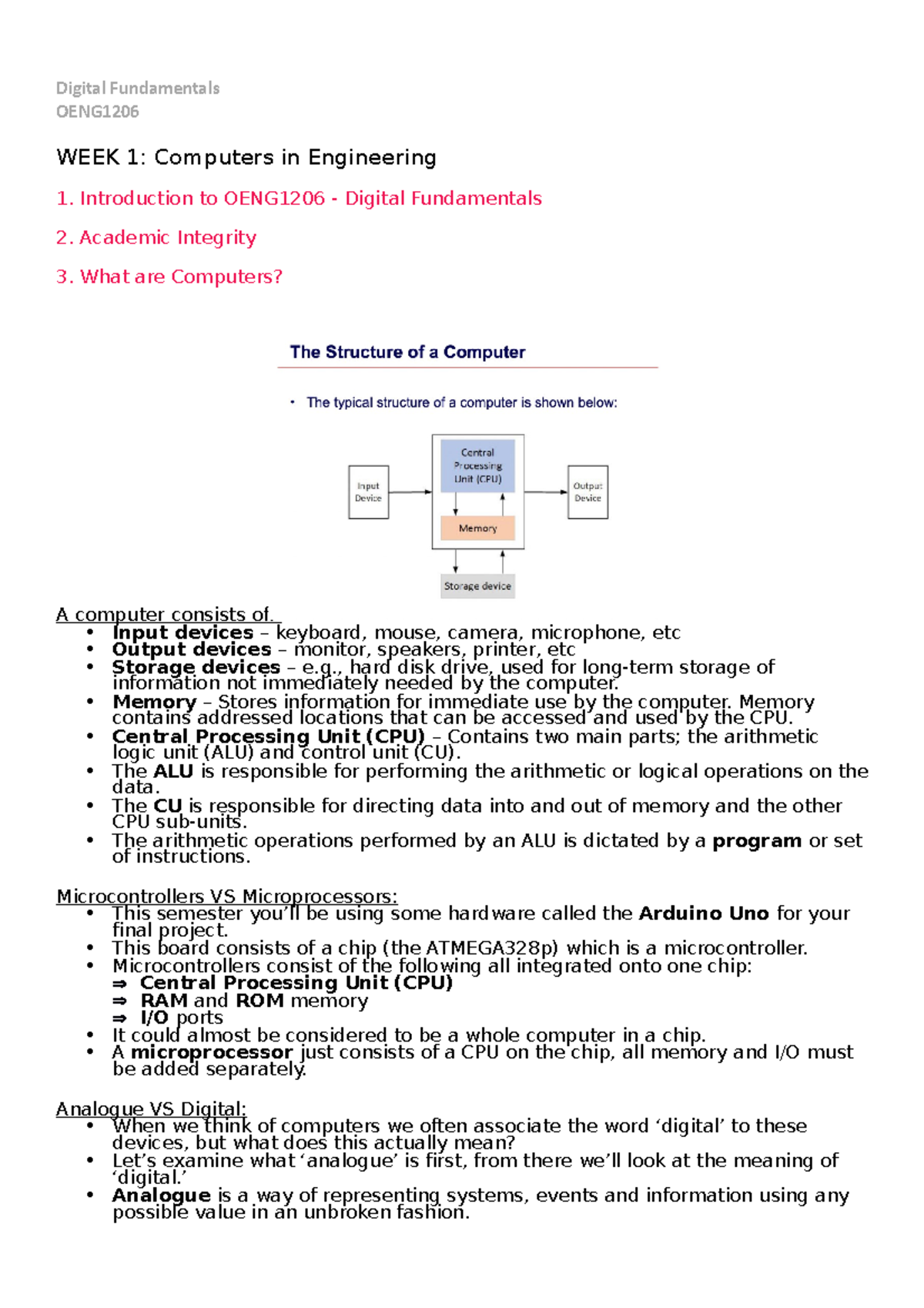 Digital Fundamentals Notes Oeng Week 1 Computers In Engineering Introduction To Oeng1206