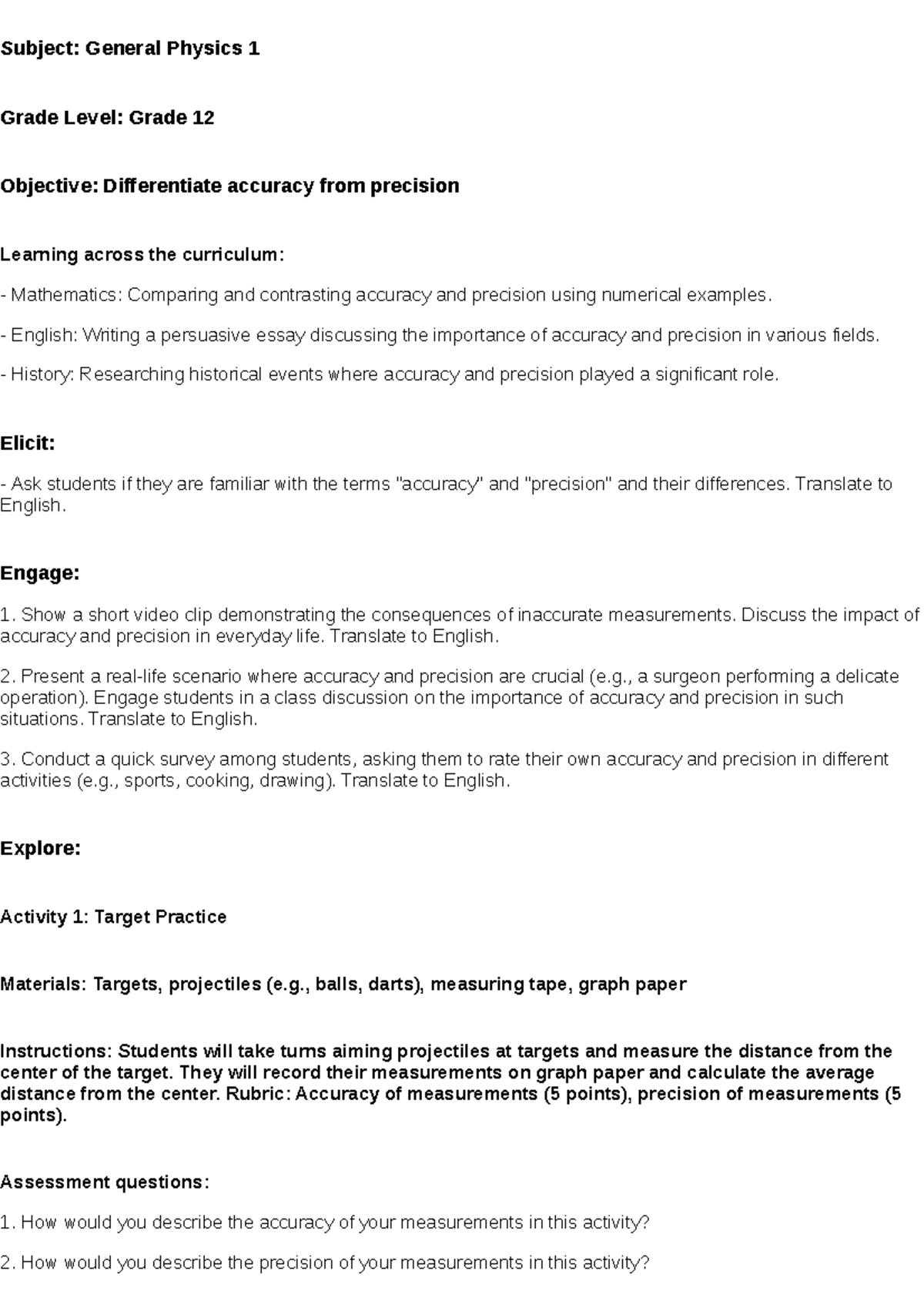 Lesson plan in General Physics - Subject: General Physics 1 Grade Level ...