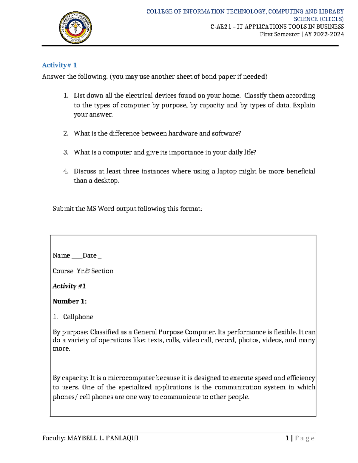 Week 2 activities Final - SCIENCE (CITCLS) C-AE21 – IT APPLICATIONS TOOLS IN BUSINESS First ...