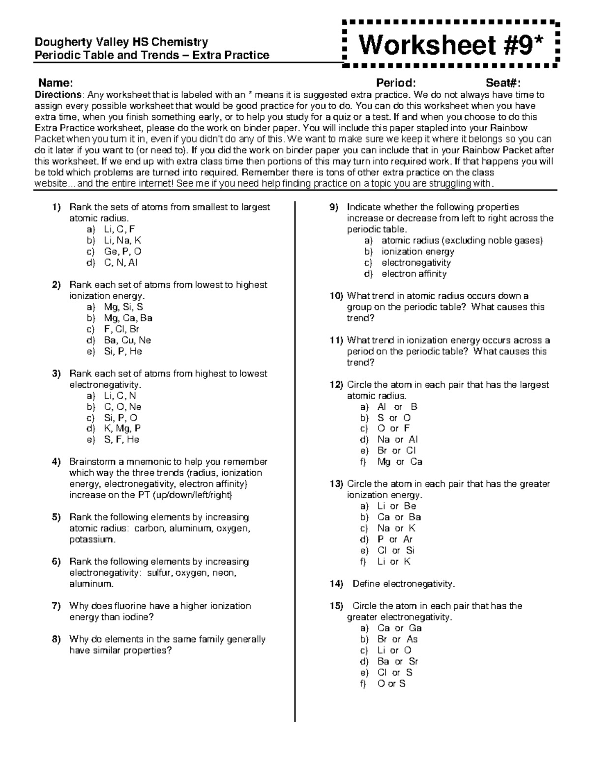 Periodic Table WS 9 Extra Practice - Dougherty Valley HS Chemistry ...