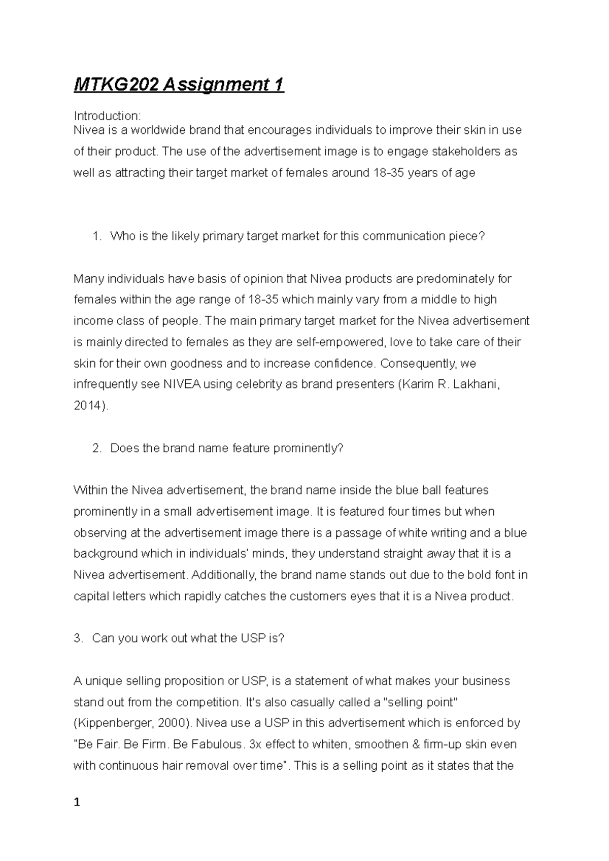 MKTG Assignment 1 copy - MTKG202 Assignment 1 Introduction: Nivea is a ...