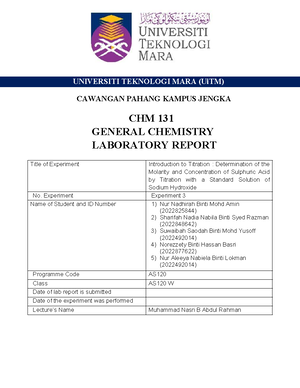 CHE245 Lab Report Solteq Concentric Tube - Chemistry - UiTM - Studocu