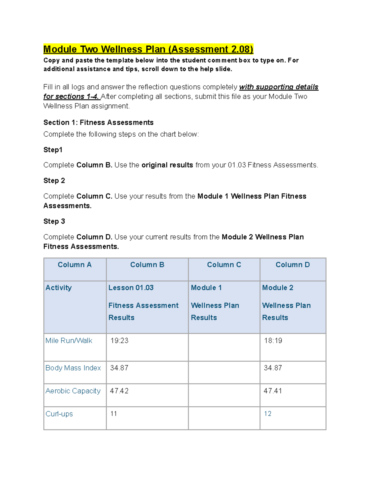 Module Two Wellness Plannnnn(Assessment 2 - For additional assistance ...
