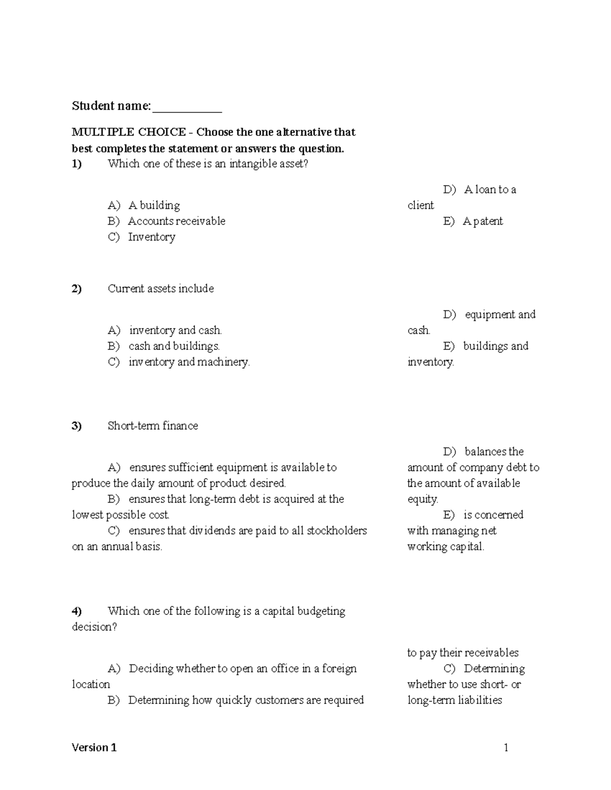 test bank ch1 for introduction of Finance (FIN 509) - Student name ...