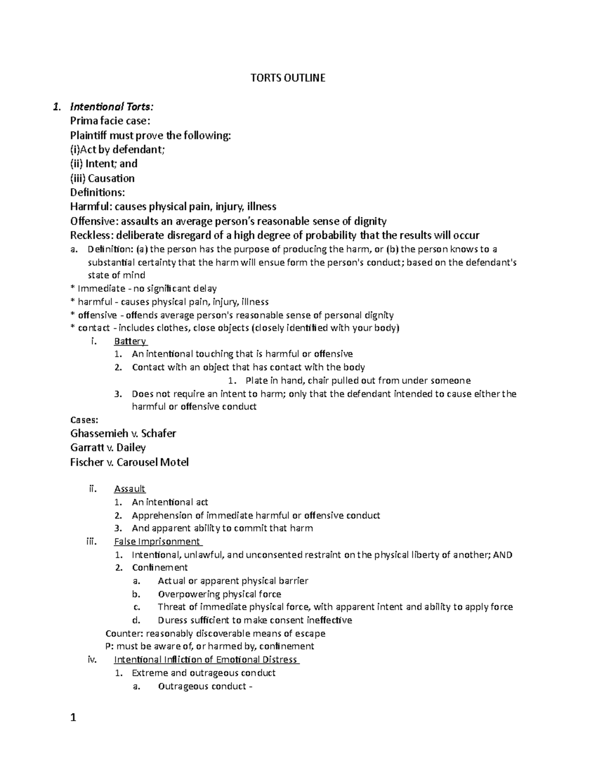 Torts Outline Blum - TORTS OUTLINE 1. Intentional Torts: Prima facie ...