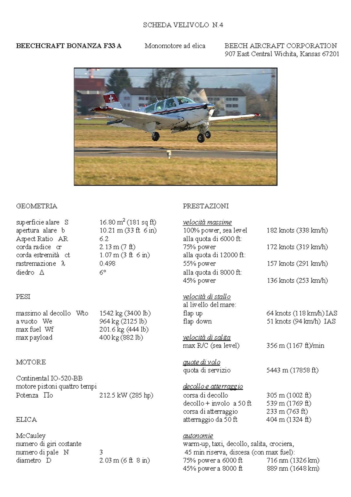 Scheda tecnica velivolo - SCHEDA VELIVOLO N. BEECHCRAFT BONANZA F33 A Monomotore ad elica BEECH ...