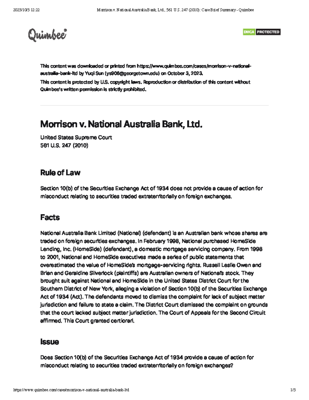 Morrison v. National Australia Bank, Ltd., 561 U.S. 247 (2010 ) Case ...