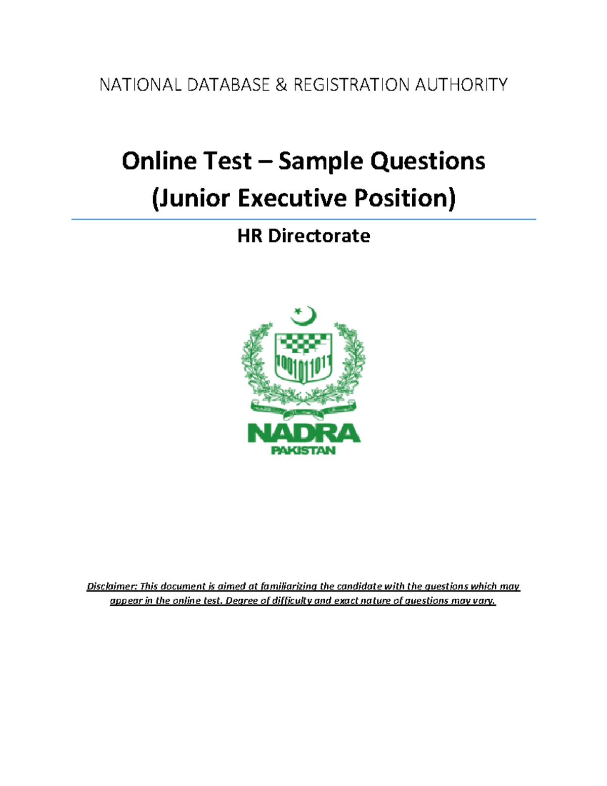 Nadra Online Test Sample - NATIONAL DATABASE & REGISTRATION AUTHORITY ...