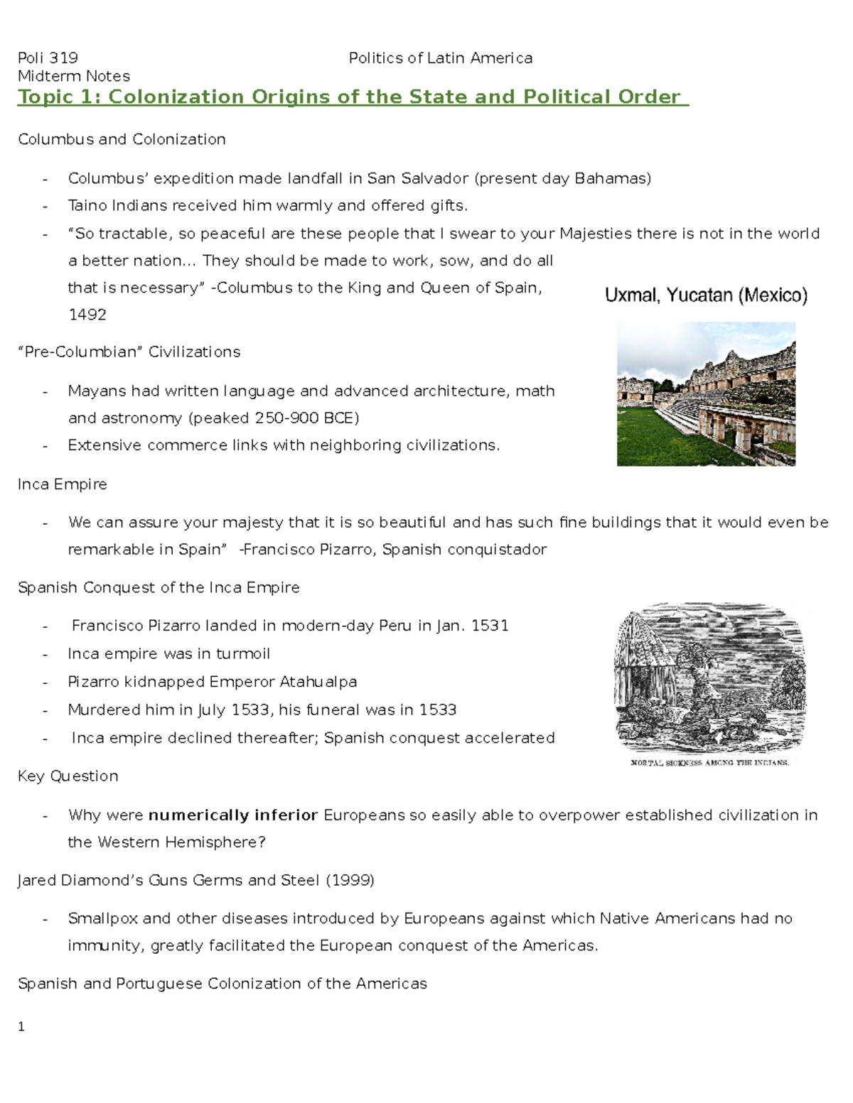 Class 1 319 - Lecture notes 1 - Midterm Notes Topic 1: Colonization ...
