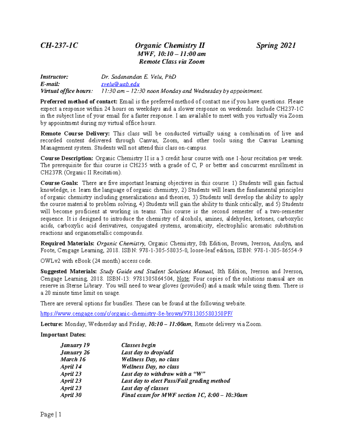 CH237 Syllabus Sp21 - Dr. Velu - CH-237-1C Organic Chemistry II Spring ...