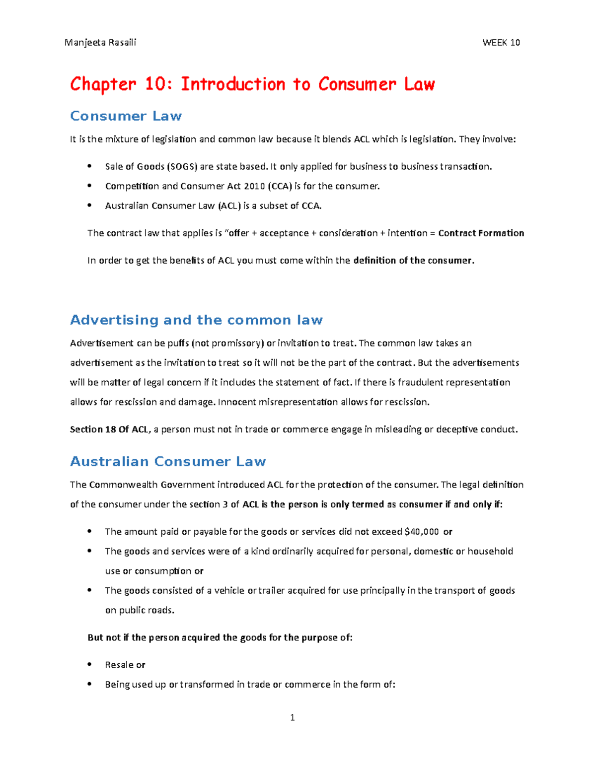 Consumer Law - Lecture notes 7 - Chapter 10: Introduction to Consumer ...