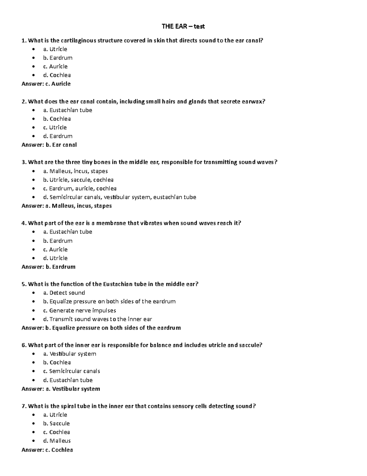 The Ear - Test - Multi question test with answers, to practice content ...