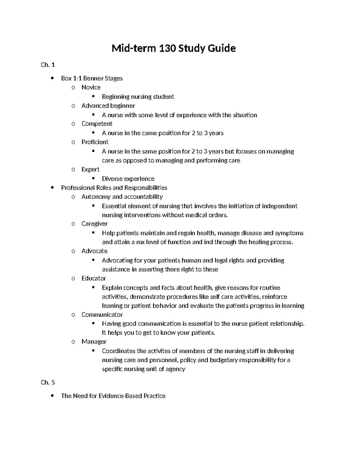 Study Guide Midterm 1 - Mid-term 130 Study Guide Ch. 1 Box 1-1 Benner ...