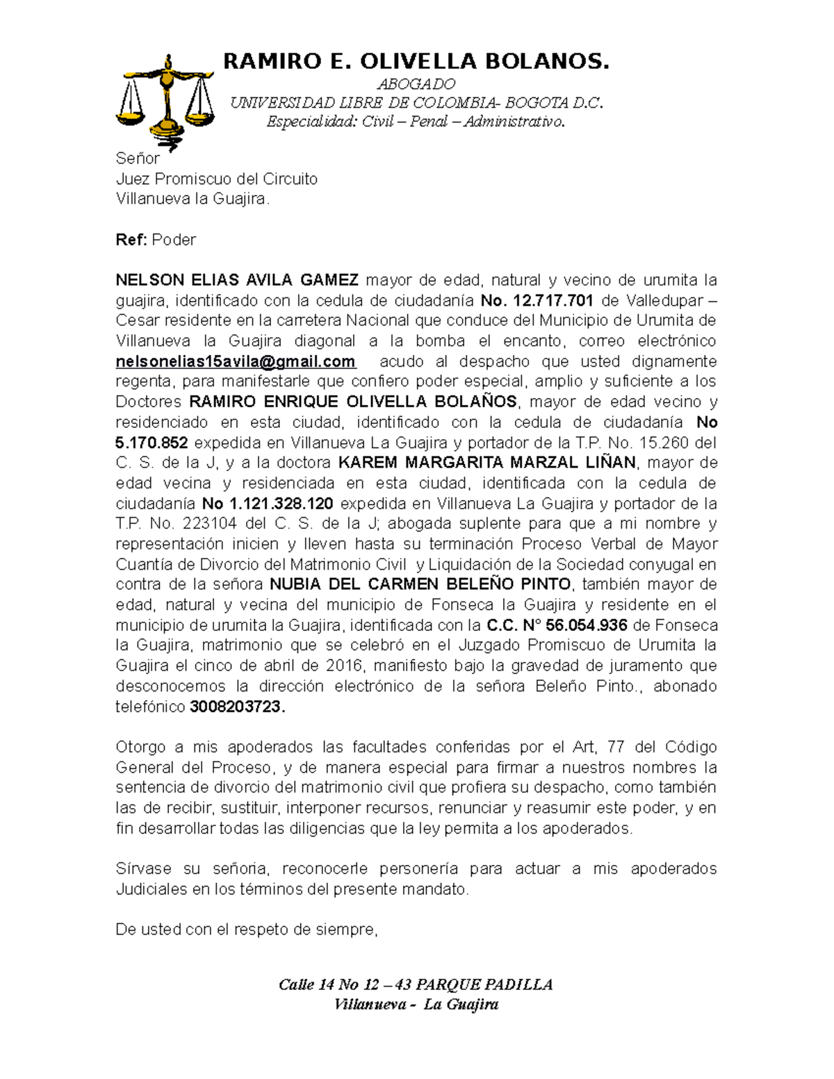 Poder nelson avila Gamez Divorcio - RAMIRO E. OLIVELLA BOLANOS. ABOGADO ...
