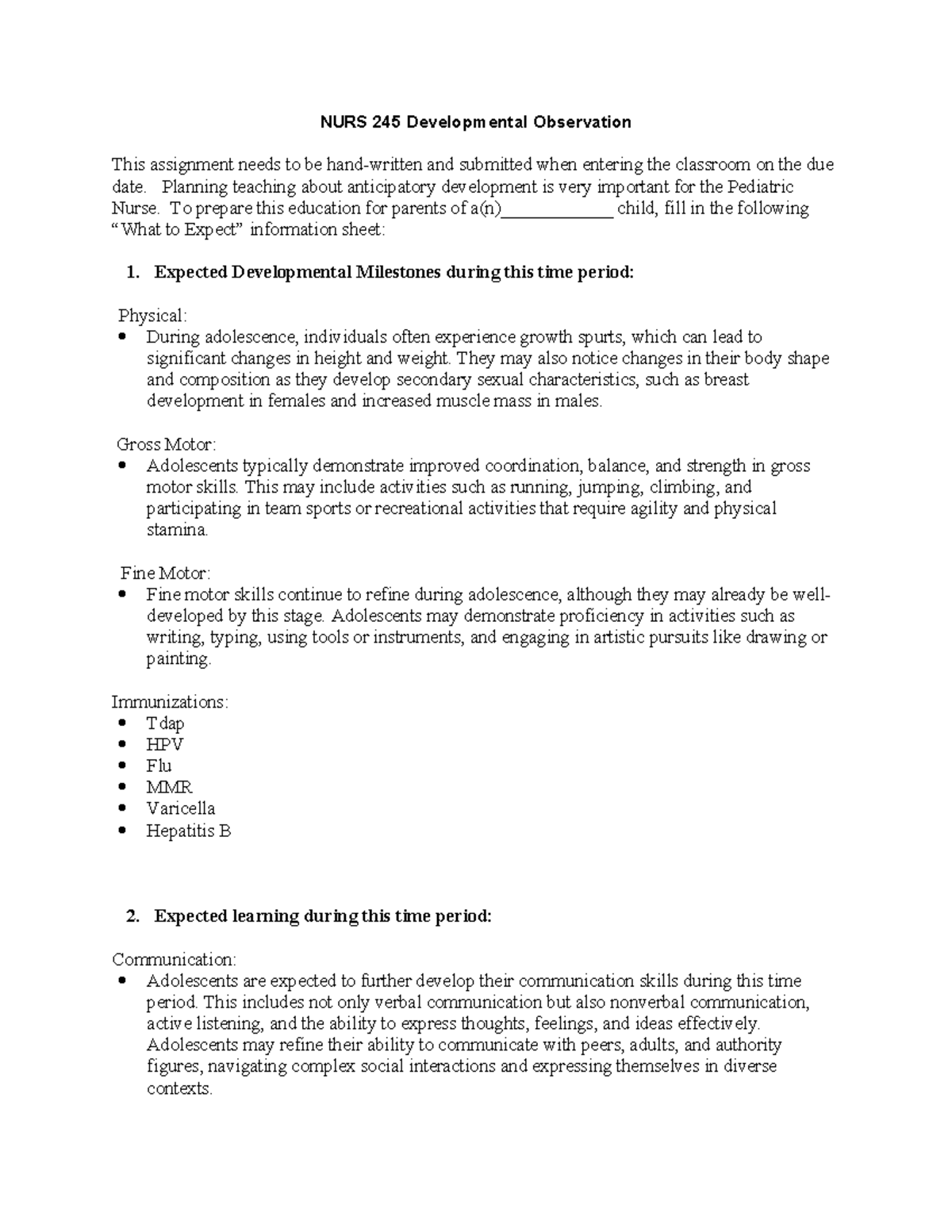 NURS 245 Developmental Observation adolescence - NURS 245 Developmental ...