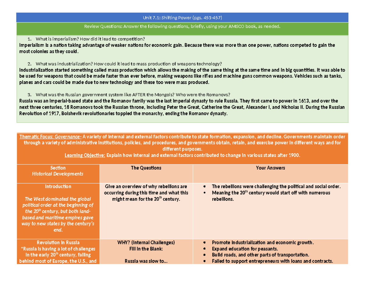Amsco Guided Reading Unit 7 - Review Questions: Answer the following ...