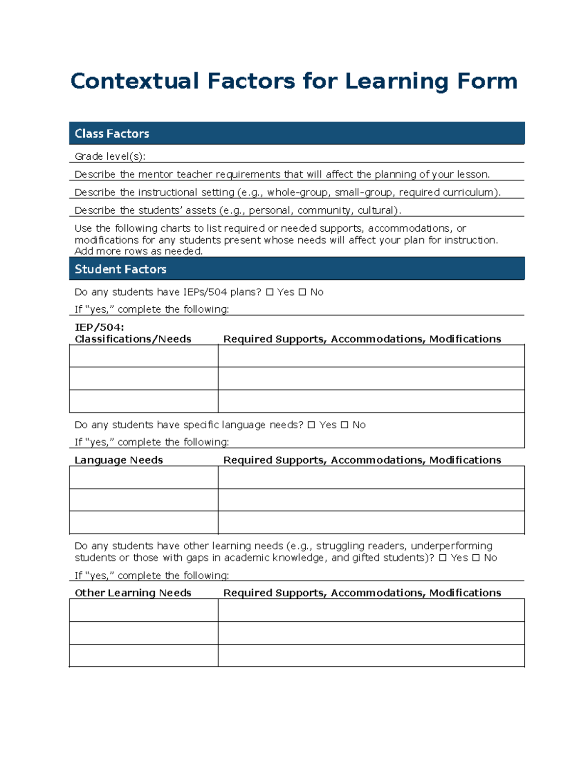 Contextual factors for learning form - Contextual Factors for Learning ...
