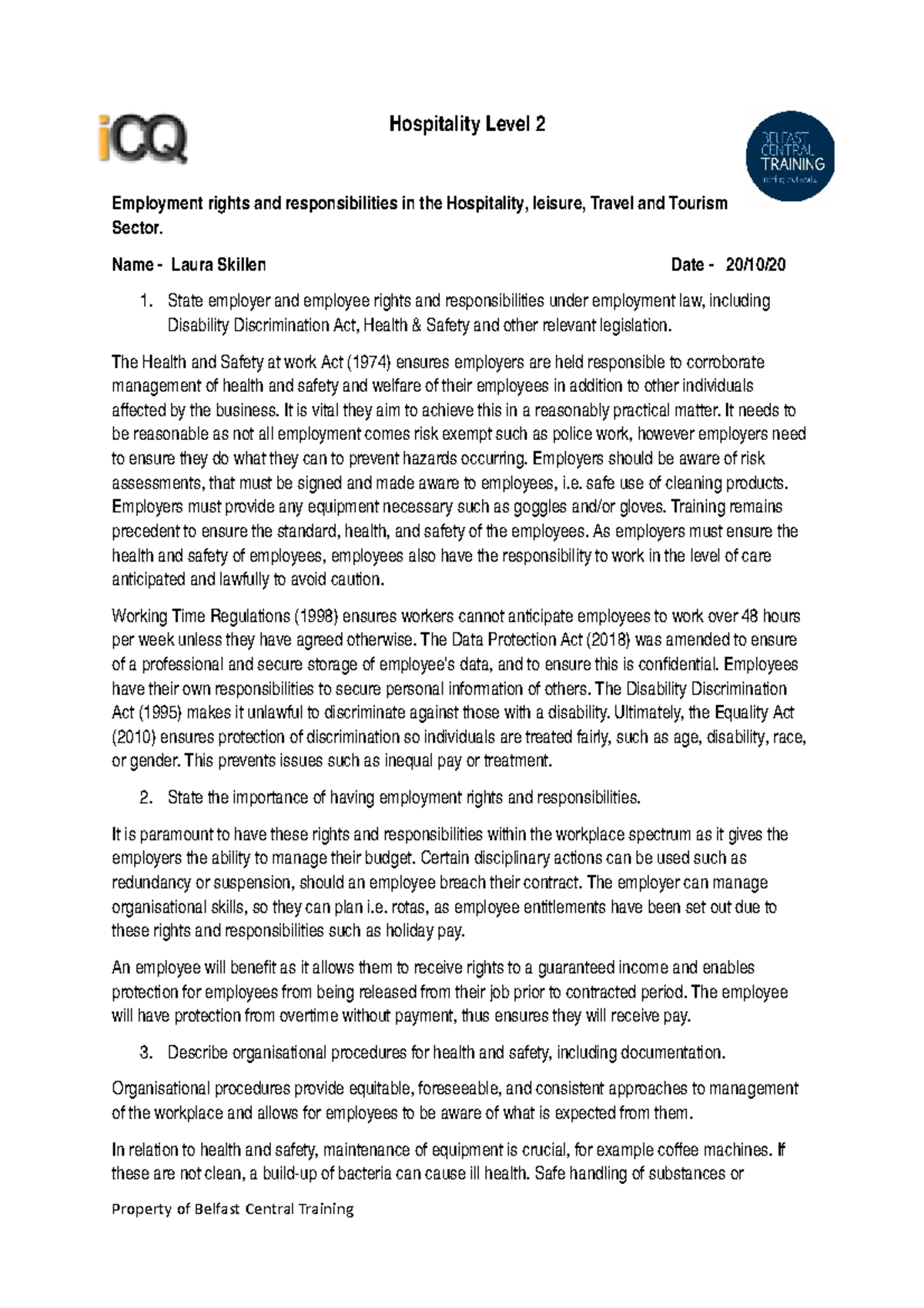 ERR NVQ Laura Skillen - Hospitality Level 2 Employment rights and ...