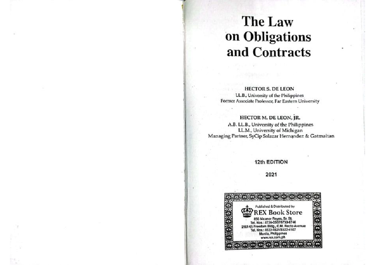 Oblicon - N/A - The Law on Obligations and Contracts HECTOR S. DE LEON ...