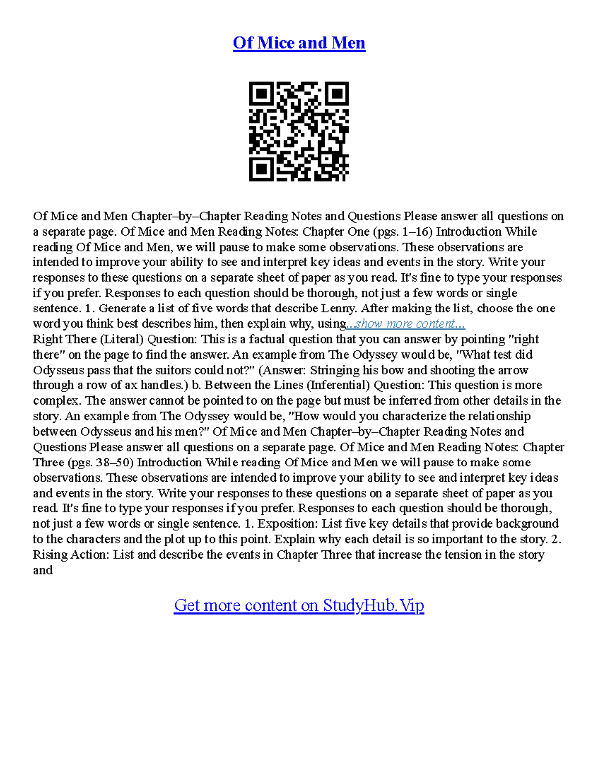 Of Mice And Men Essay Questions And Answers - Of Mice and Men Of Mice ...