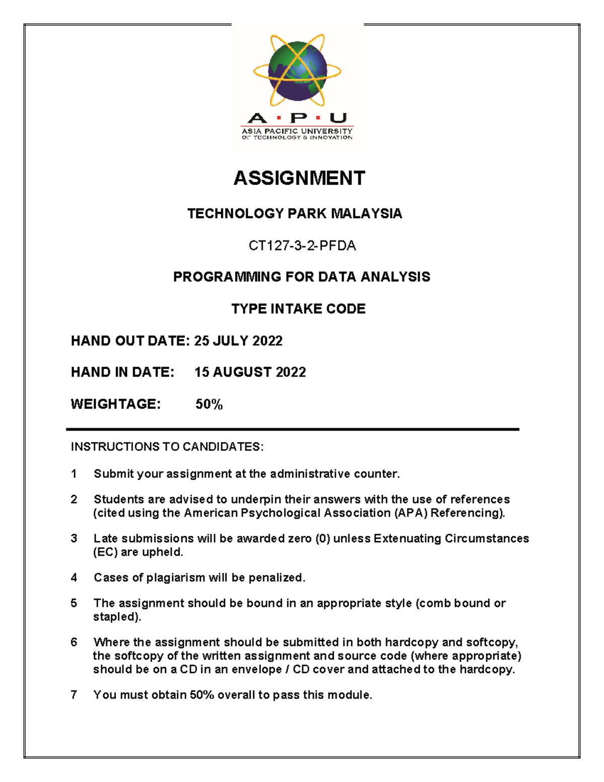 PFDA Assignment Sample 1 - ASSIGNMENT TECHNOLOGY PARK MALAYSIA CT127-3-2-PFDA PROGRAMMING FOR ...