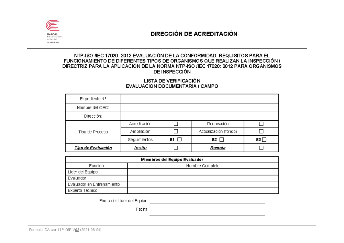 Lista de Verificacion ISO 17020 II - NTP-ISO /IEC 17020: 2012 ...