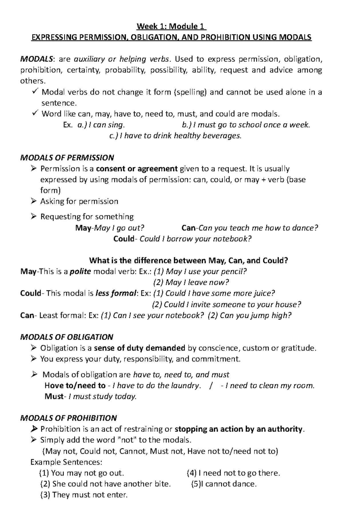 Q1 W1 Modals VA - notes - Week 1: Module 1 EXPRESSING PERMISSION ...