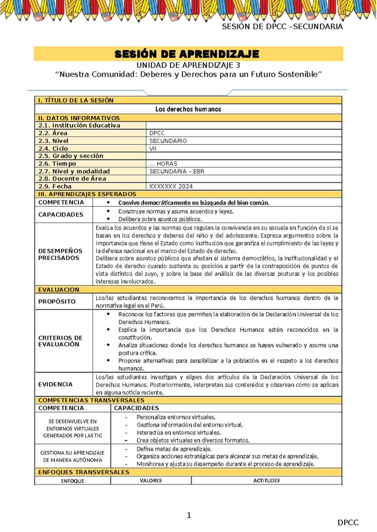 4º SES ACT 1- DPCC 2024 - HOLA - DPCC 1 SESIÓN DE DPCC –SECUNDARIA SESIÓN DE APRENDIZAJE UNIDAD ...