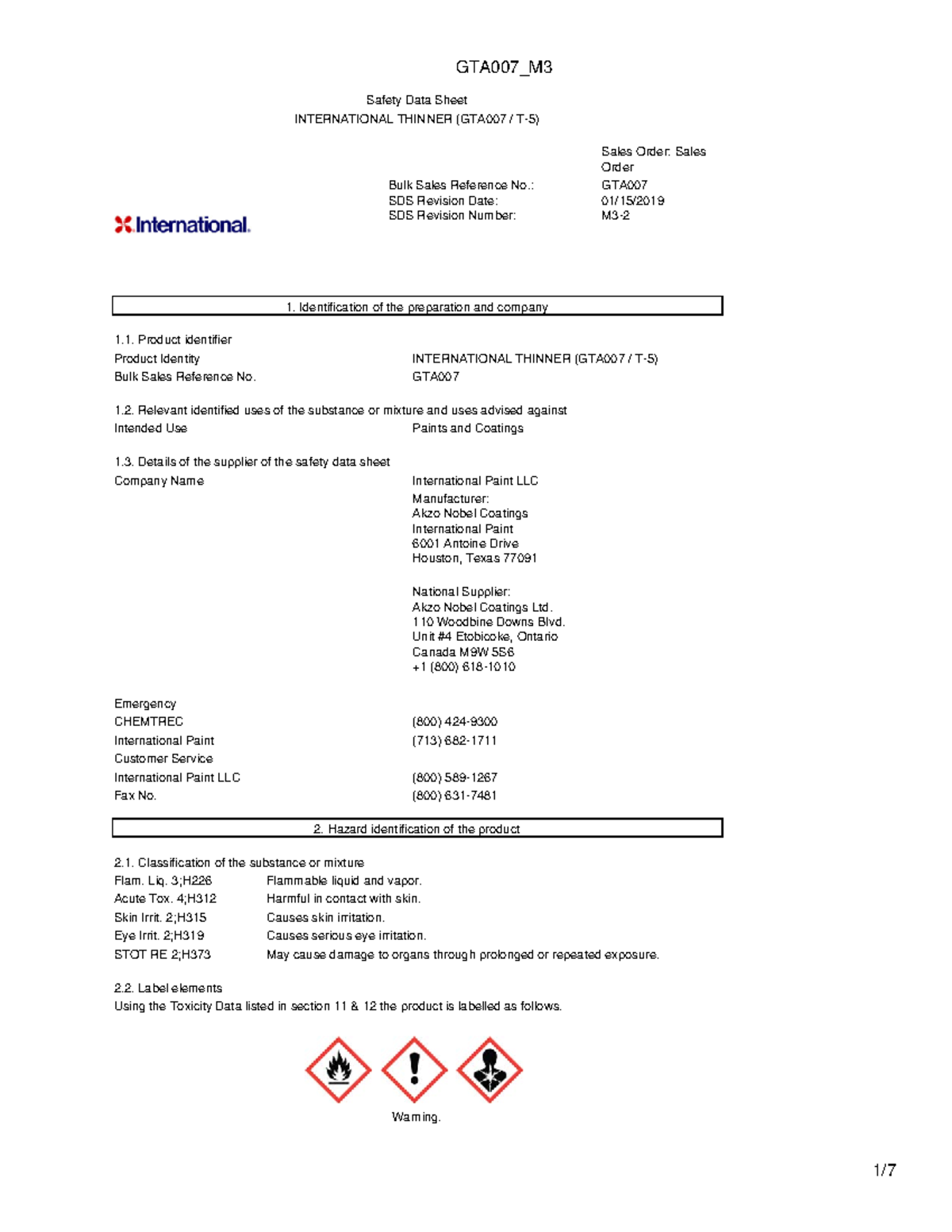 1015580 - FICHA DE SEGURIDAD - Safety Data Sheet INTERNATIONAL THINNER (GTA007 / T-5) Sales ...