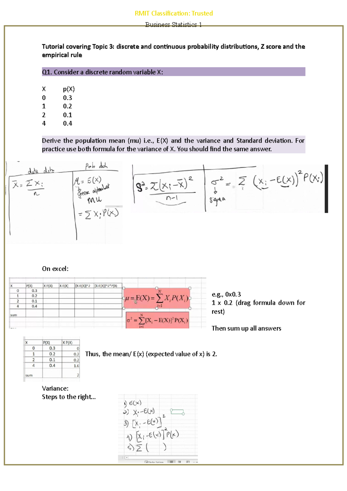 Tutorial week 4 covering Topic 3 - New Questions-2 - Business Statistics 1 Tutorial covering ...