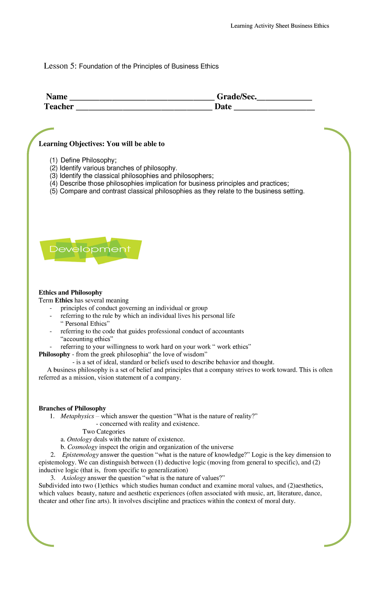 B Ethics LAS-5 - aaaaa - Lesson 5: Foundation of the Principles of ...