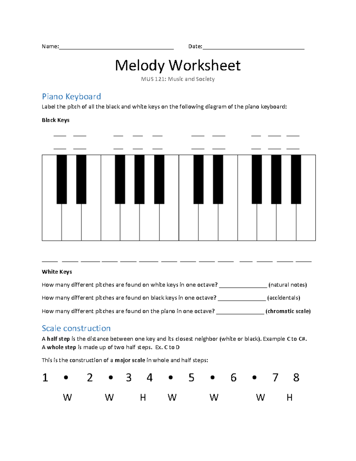 MUS 121 Melody Worksheet (fillable) - Name ...