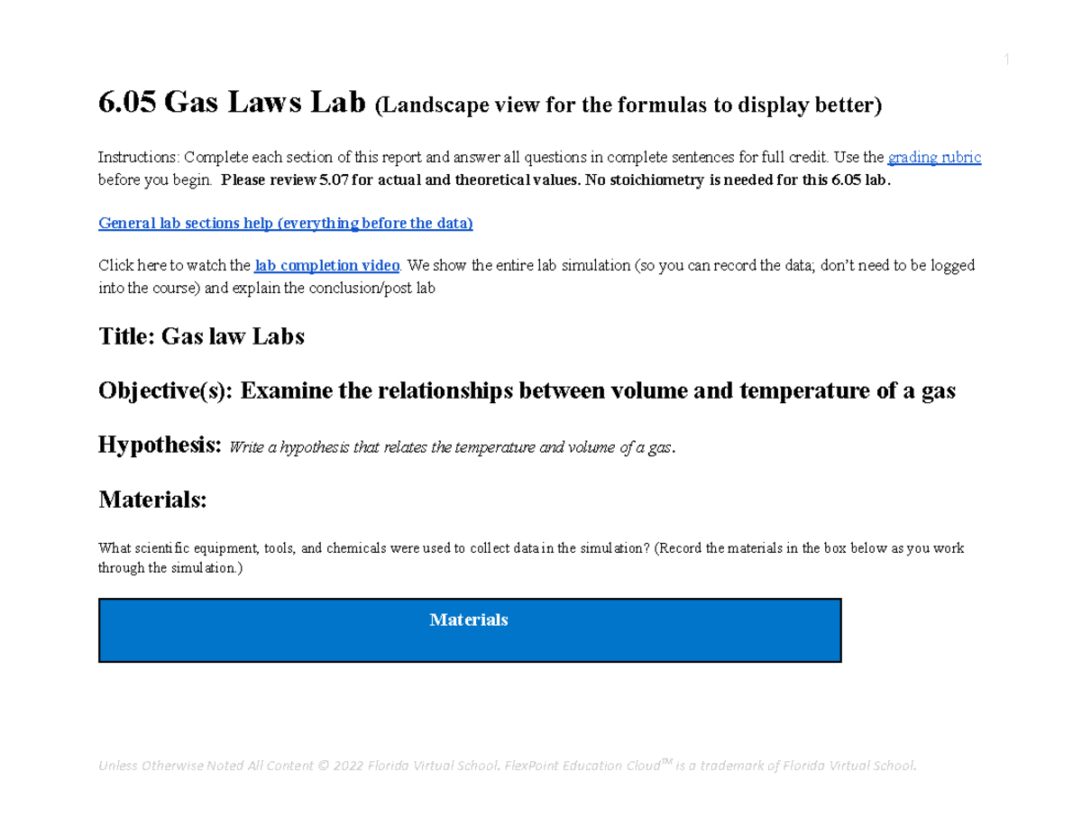 Copy of 6.05 Gas Laws Lab-V22 - 6 Gas Laws Lab (Landscape view for the ...