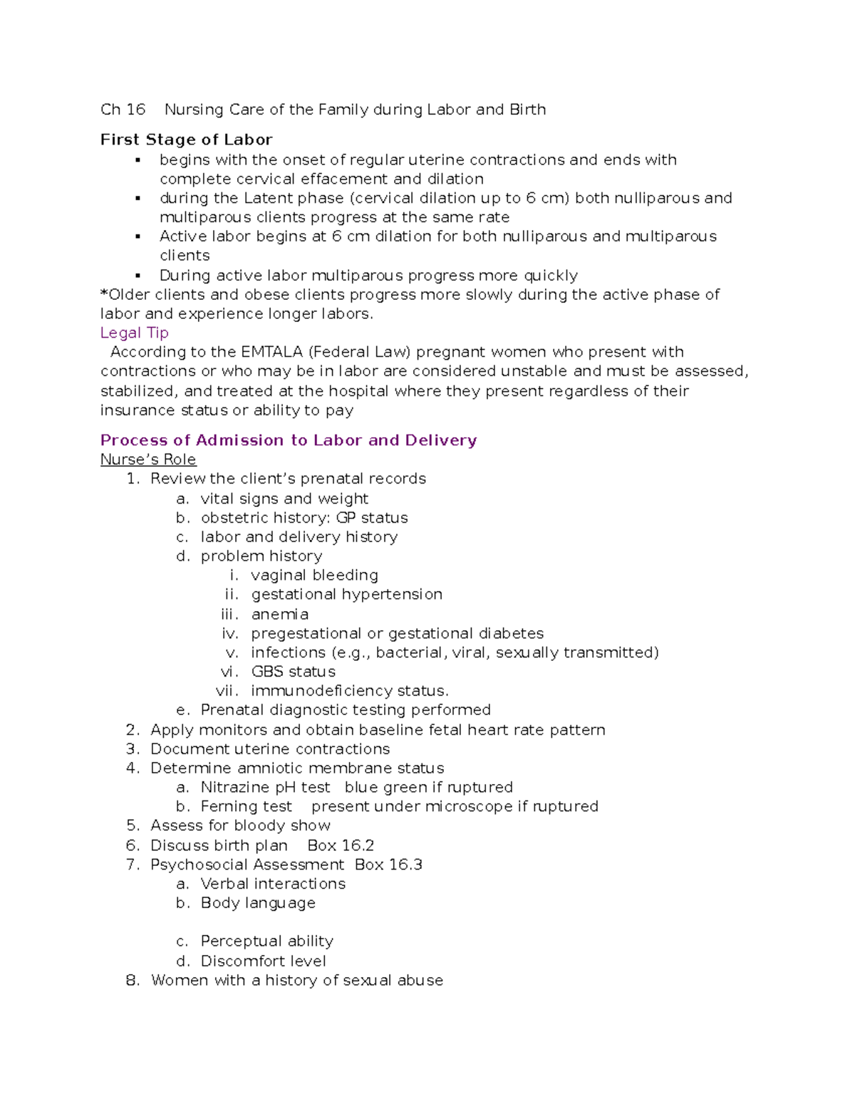 Wk 3 Outline Ch 16 - Labor and Birth - Ch 16 Nursing Care of the Family ...