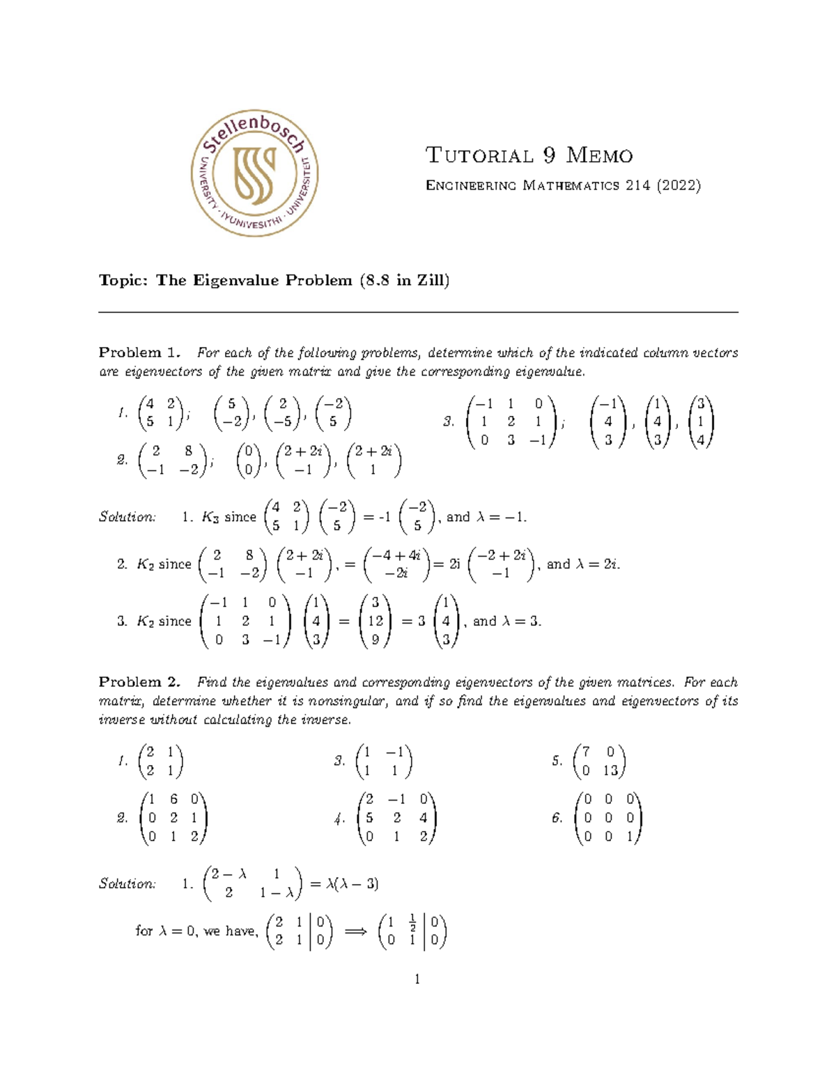 Memo 9 Tutorial Memo For Engineering Maths 214 Differential Equations Tutorial 9 Memo