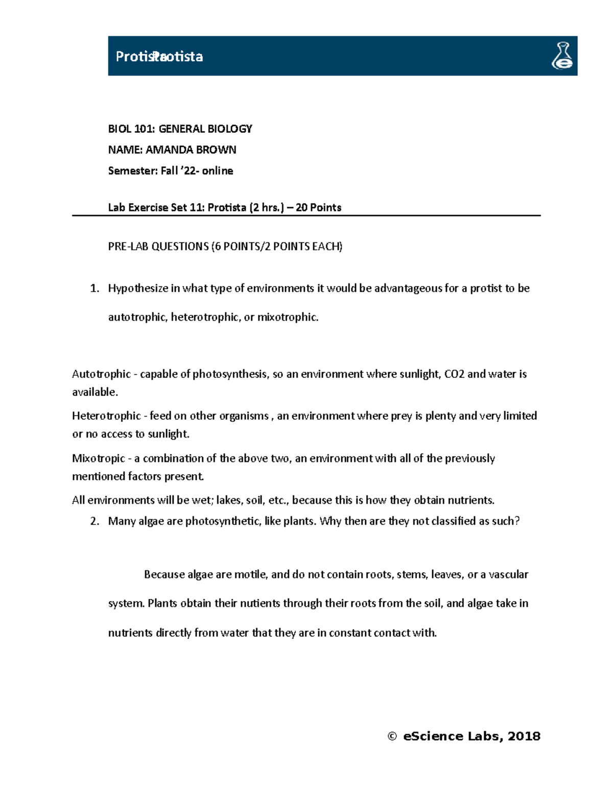 Module 11 Protista - Escience biology lab workbook. - BIOL 101: GENERAL ...