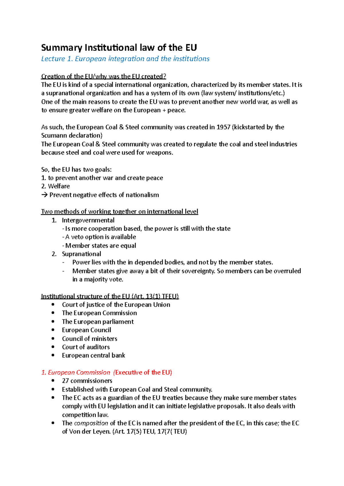 Summary Institutional law of the EU - Summary Institutional law of the ...