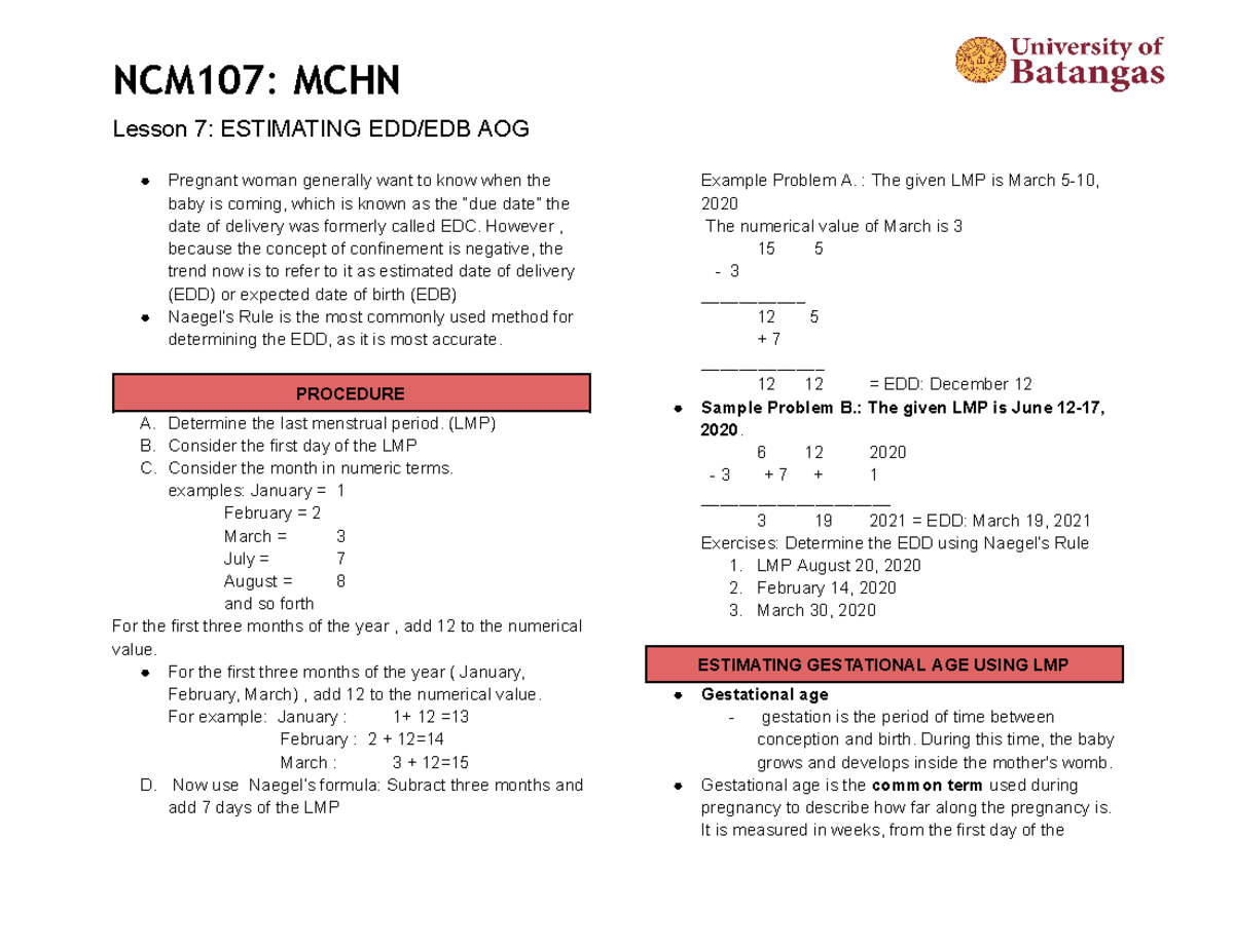 NCM-107 - Lesson-7 - lesson - NCM107: MCHN Lesson 7: ESTIMATING EDD/EDB AOG Pregnant woman - Studocu