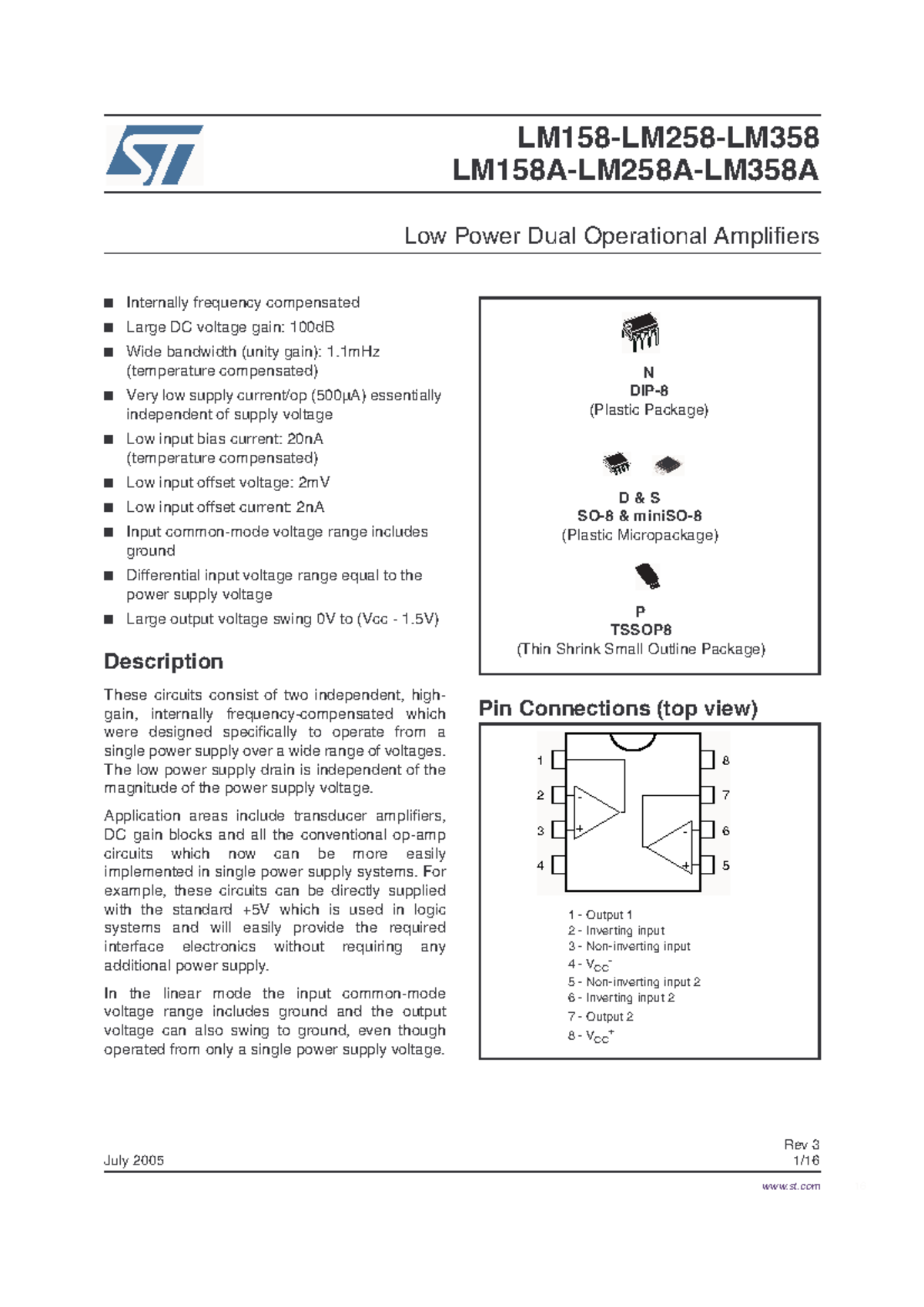 LM158 - Notes - Rev 3 July 2005 1/ 16 LM158-LM258-LM LM158A-LM258A ...