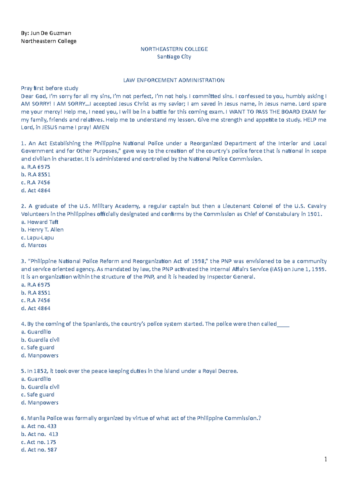 Lea 1k Exam - LEA sample reviewer - Northeastern College NORTHEASTERN ...