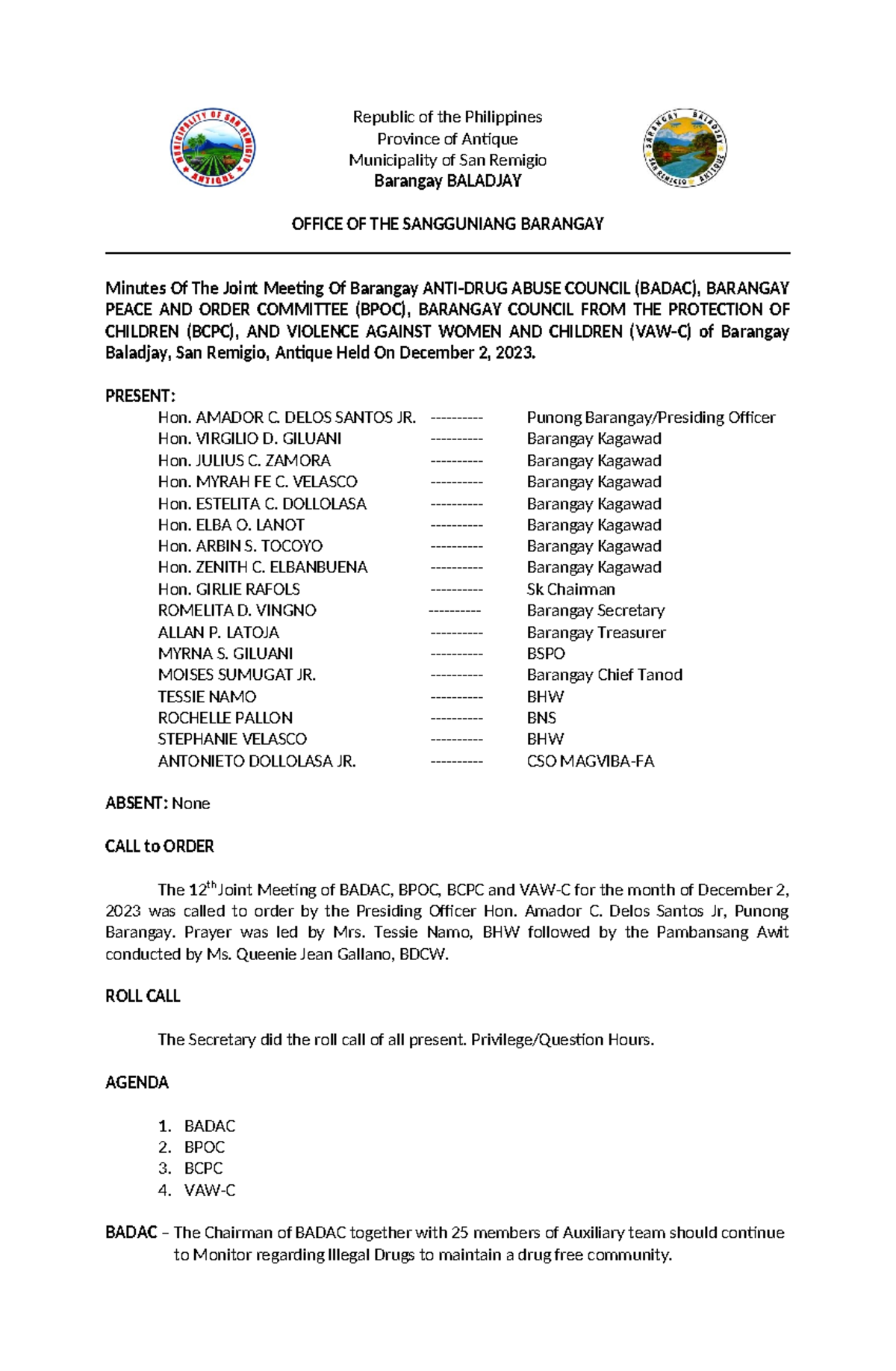 Minutes BPOC, Badac, VAWC - Republic of the Philippines Province of ...