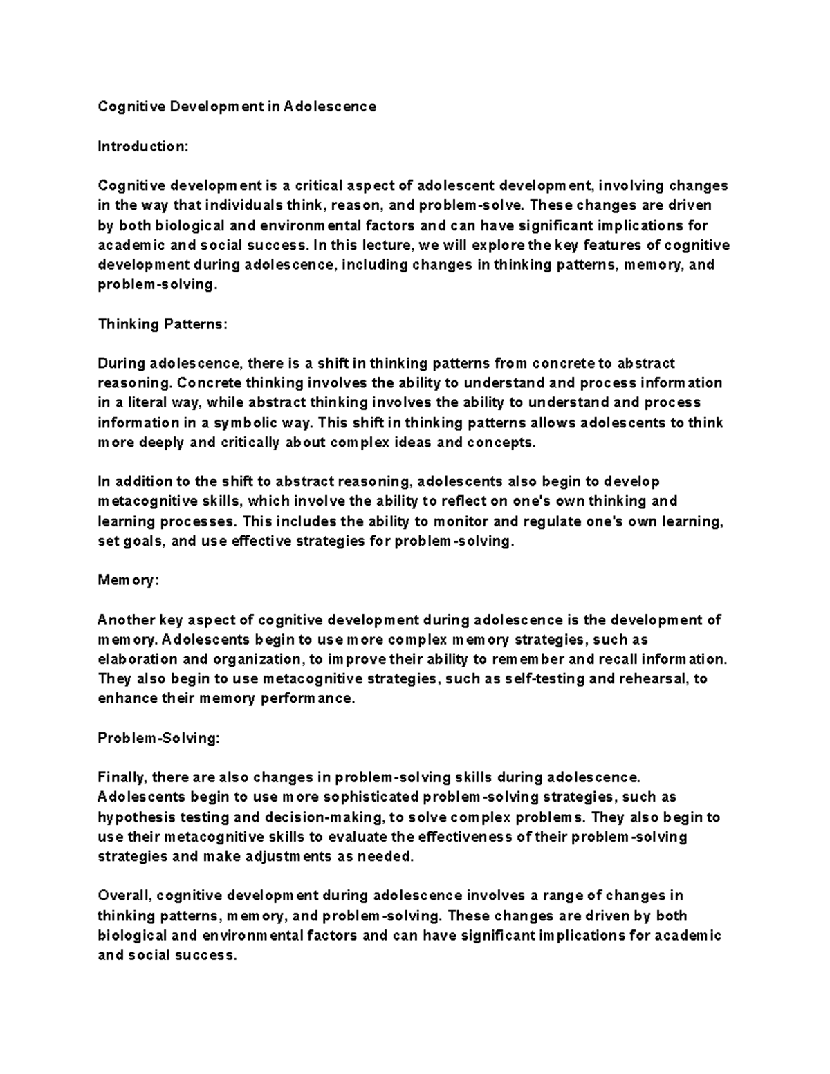 Cognitive Development in Adolescence - Cognitive Development in ...