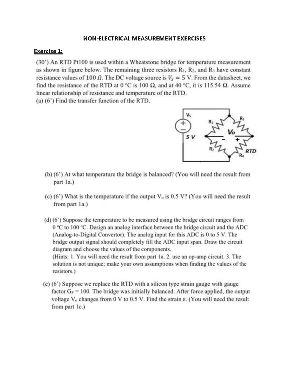 Non electrical exercise - NON-ELECTRICAL MEASUREMENT EXERCISES You are ...