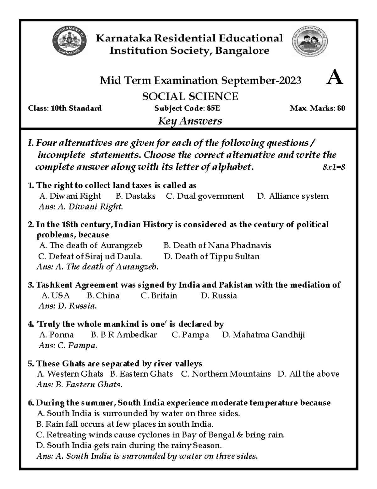 10TH KEY Answers-ABCD - nil - Mid Term Examination September-2023 A ...